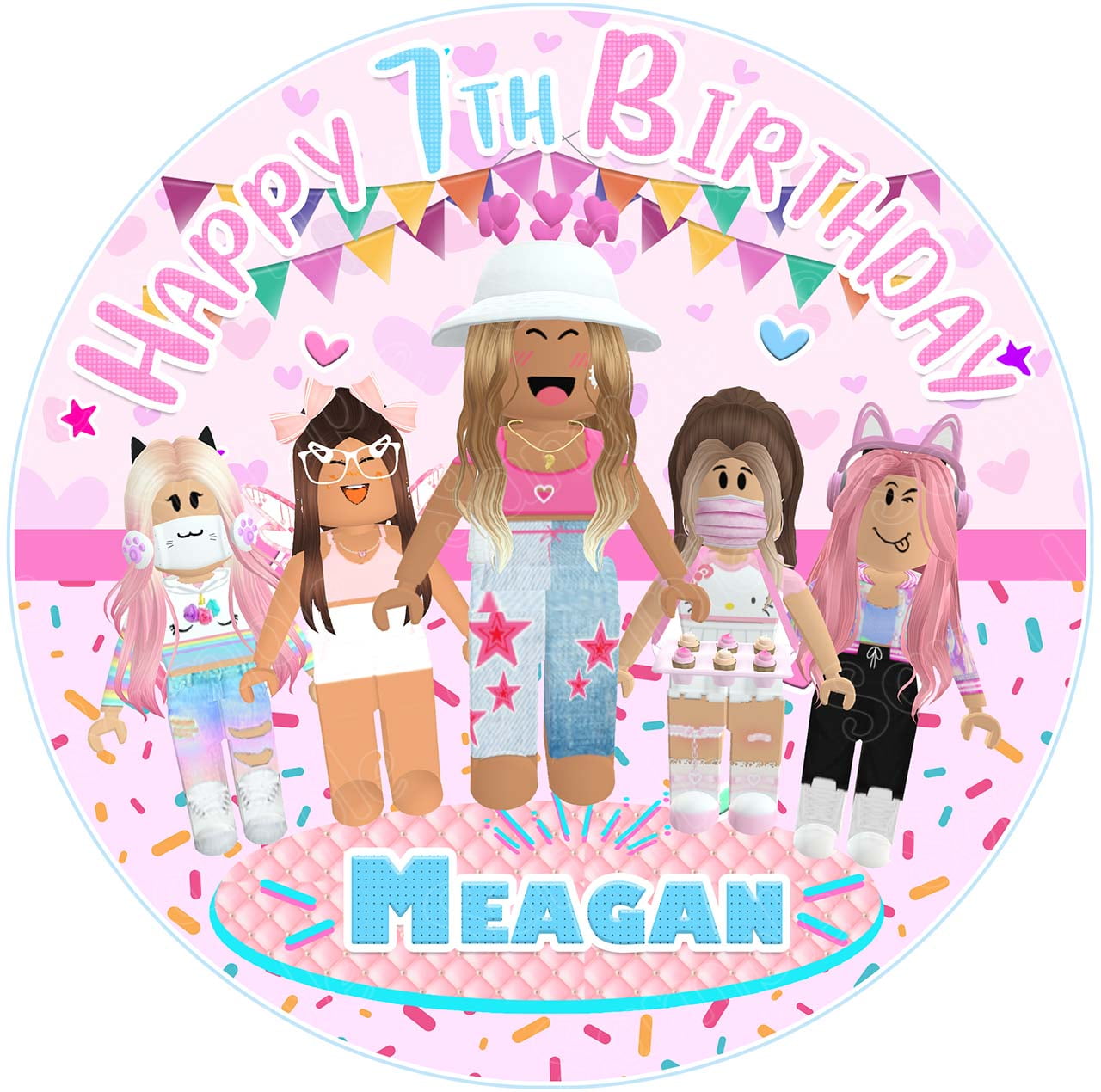 7.5 Inch Roblox Pink Girls RD Cake Topper - Round Edible Birthday Cake ...