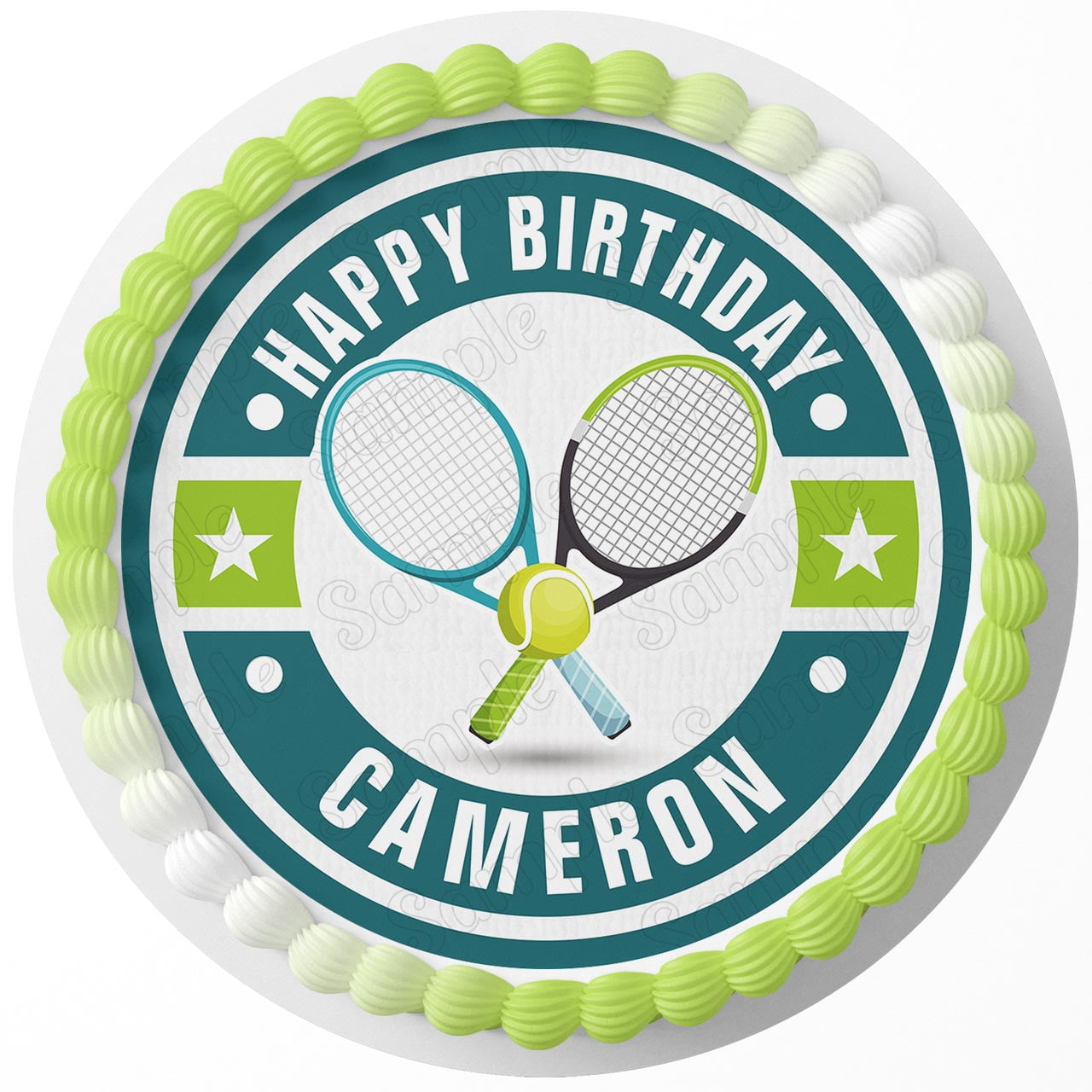 7.5 Inch Tennis Rackets Ball Cake Topper - Round Edible Birthday Cake ...