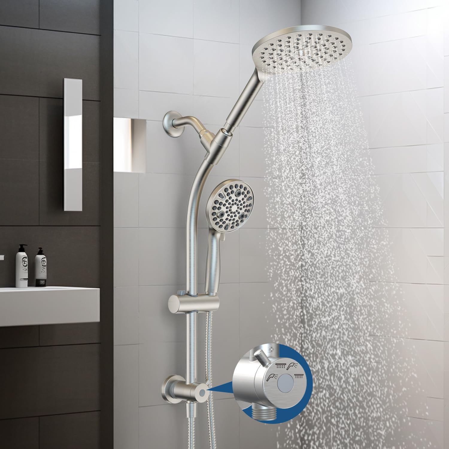 7.5" Rotatable Dual Shower Head with Handheld Combo, Kids Friendly Low ...