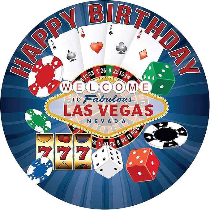 7.5" Round Pre-Cut Las Vegas Poker, Slot Machine, Dice, Happy Birthday ...