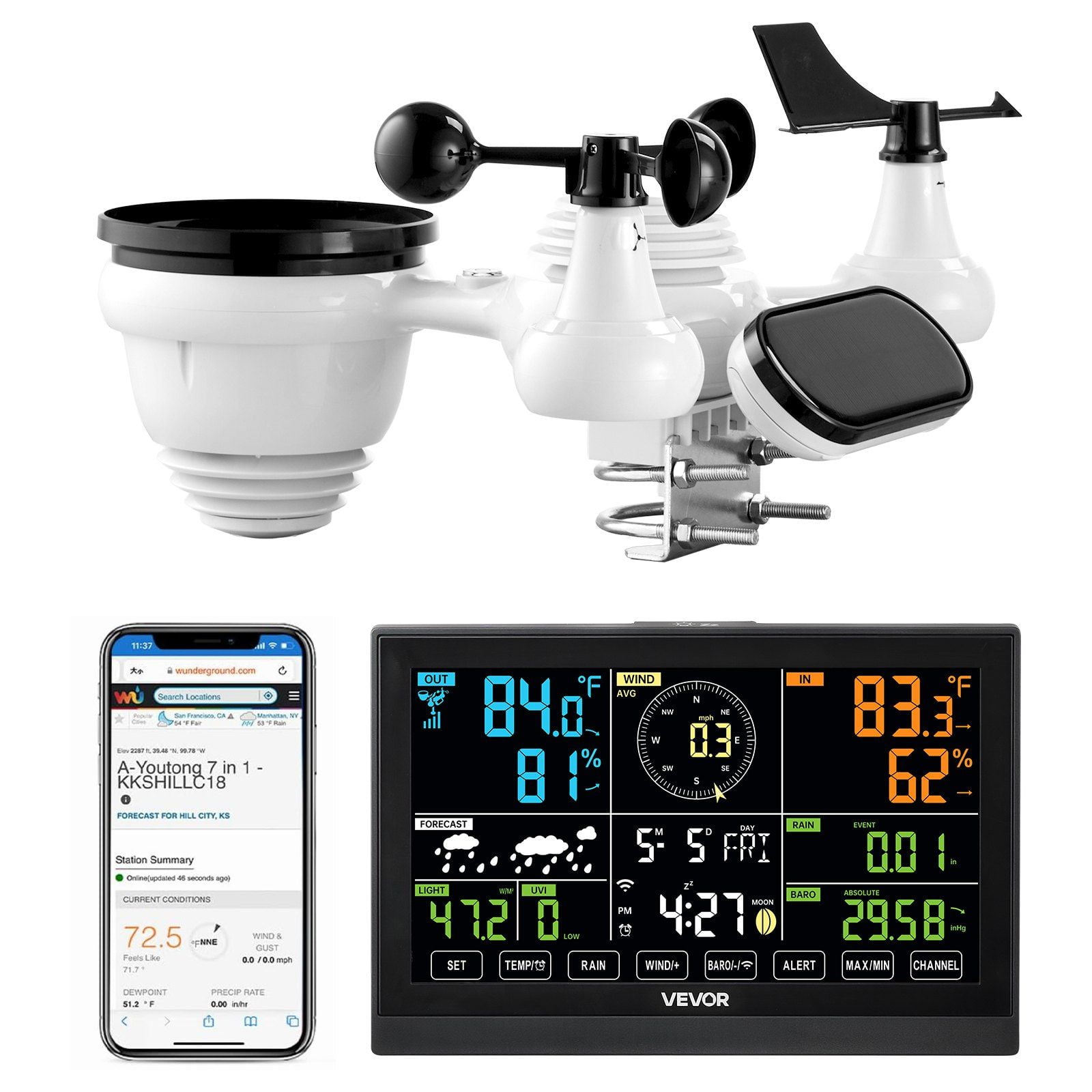 7.5" Solar Weather Station with Wireless Outdoor Sensor,7-in-1 Wi-Fi ...