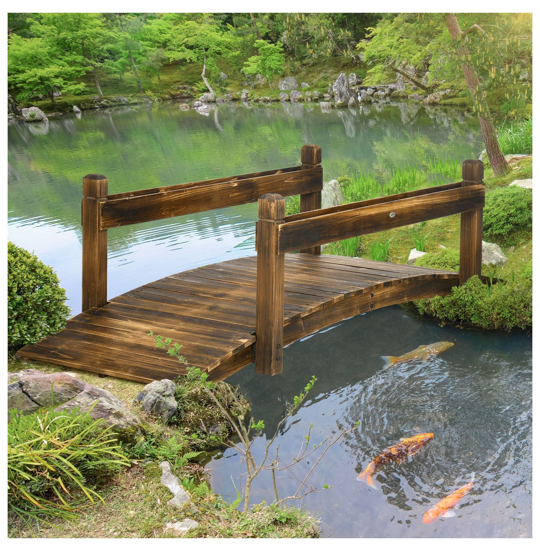 7.5' Wooden Garden Bridge with Planters, Stained Arc Footbridge for ...