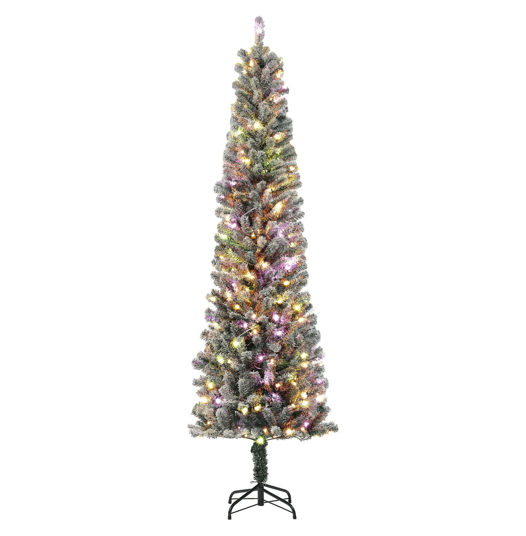 7.5 ft Flocked Pencil Christmas Tree Pre-Lit LED Xmas Tree, Slim ...