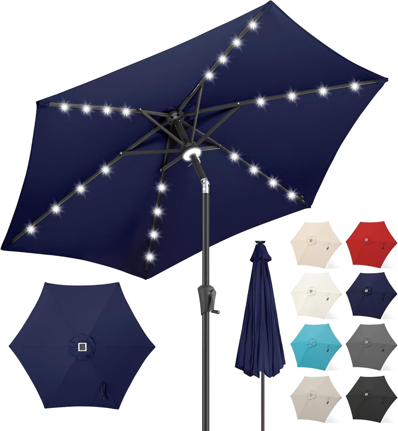 7.5 ft Solar Powered Patio Umbrella with LED Lights & Tilt - Outdoor ...