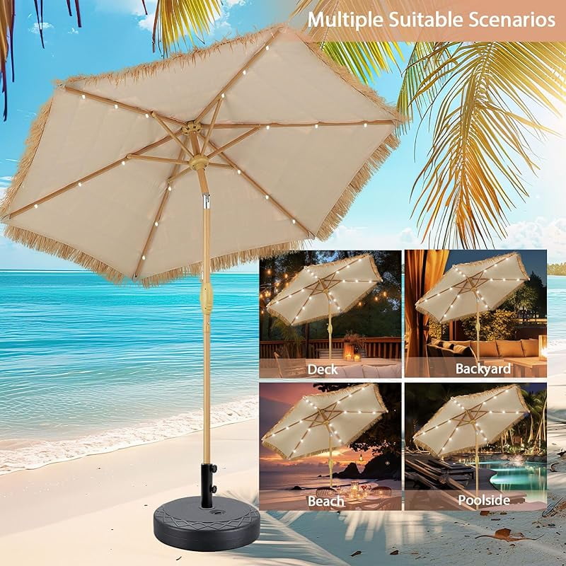 7.5 ft Tiki Patio Umbrella with18 LED Ligths, Hula Thatched Umbrella ...