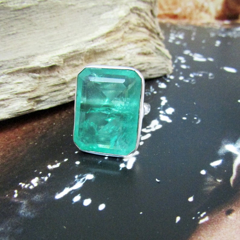 7.50 Carat Natural Colombian Green Emerald Gemstone Ring, 925 Starling Silver, Large Emerald ...