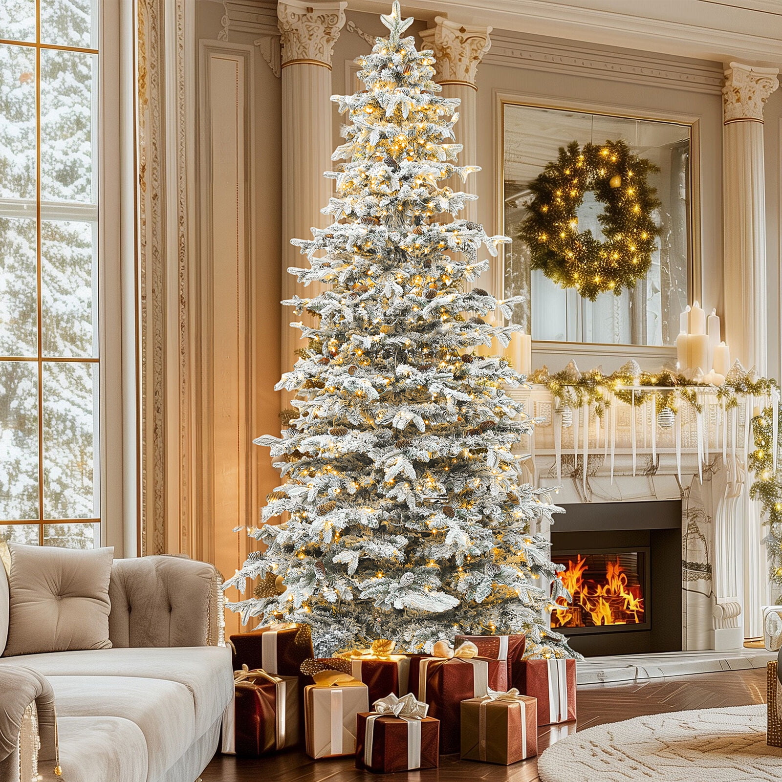 7.5FT Artificial Christmas Tree Pre-Decorated Pine Hierarchical Tower ...