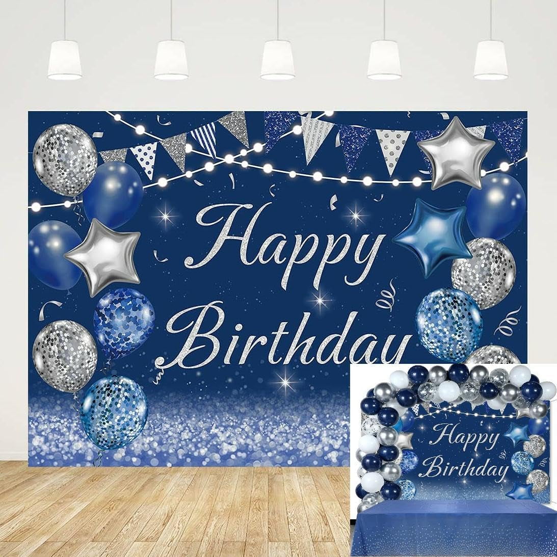 BINQOO 7x5ft Navy Blue Birthday Backdrop, Silvery Balloon Party ...