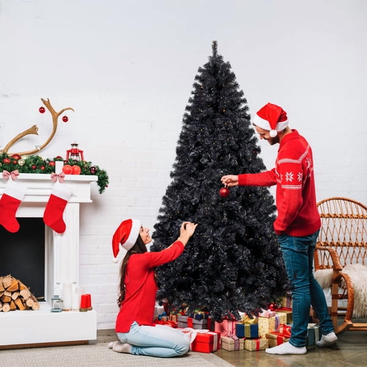 7.5FT Black Pre-Lit Christmas Tree, 1350 PVC Branch Tips 400 LEDs Flame ...