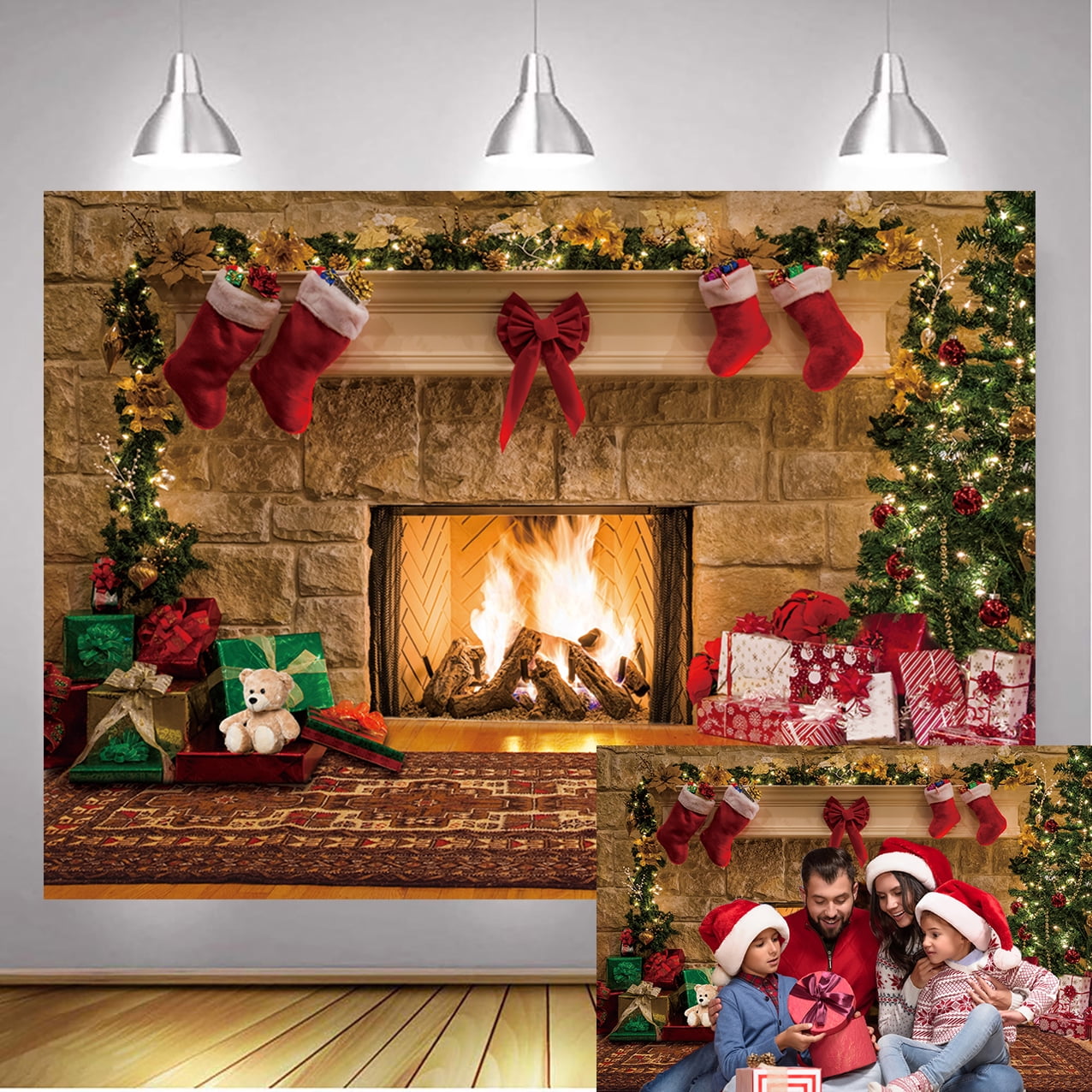 7×5FT Christmas Backdrop Merry Christmas Theme Background for Photography Xmas Tree Fireplace ...