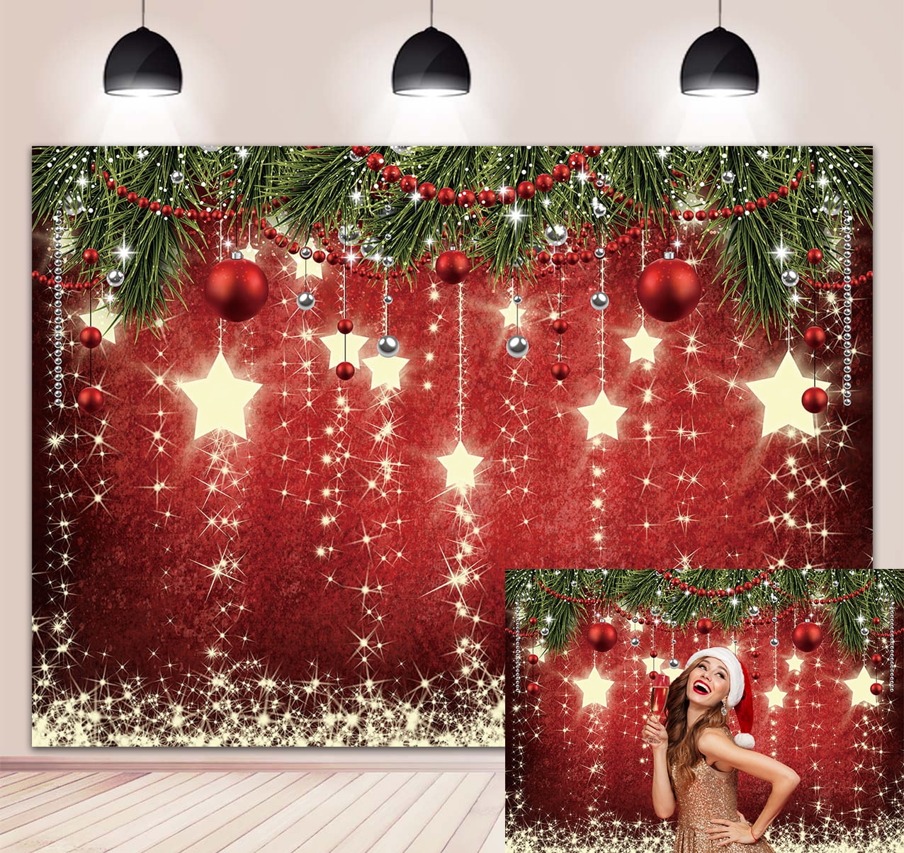 7×5FT Christmas Backdrop Red Christmas Background Sparkling Stars ...