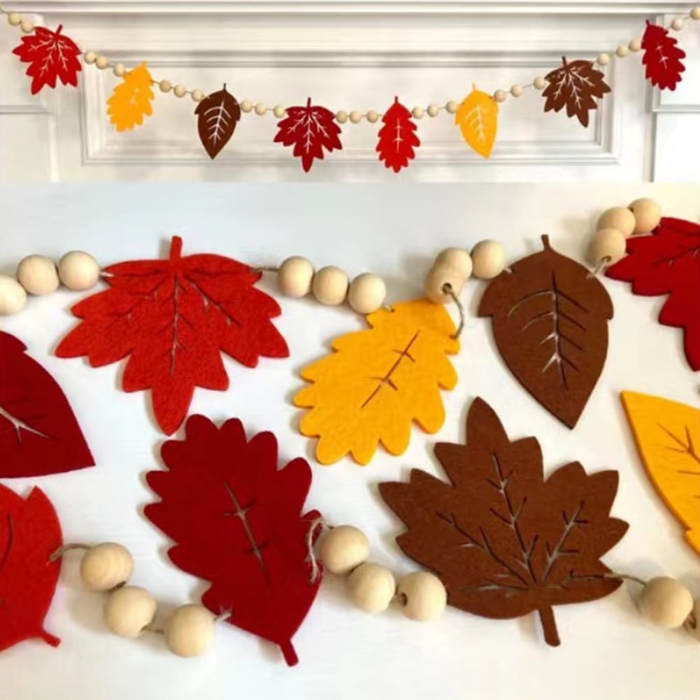 7.5FT Fall Felt Pumpkin Maple Leaves and Wood Beads Garland Fall ...