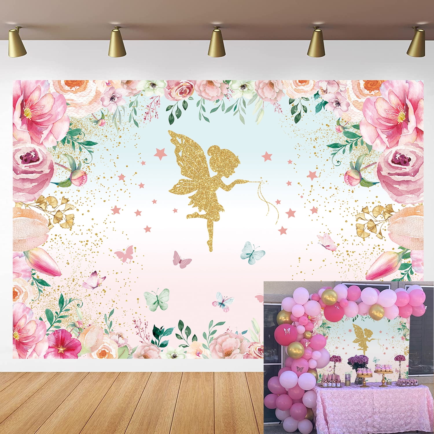 7×5FT Floral Fairy Backdrop Spring Pink Gold Flower Princess ...