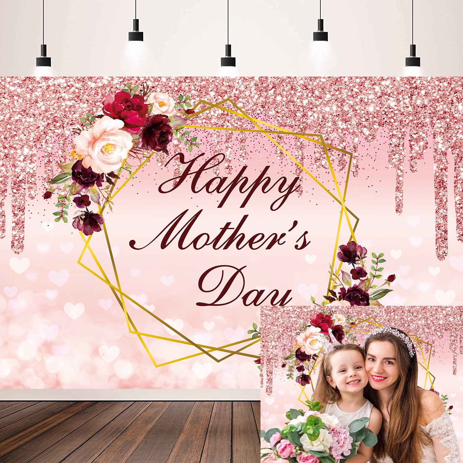 7×5FT Happy Mother's Day Backdrop Rose Golden Burgundy Floral Love ...