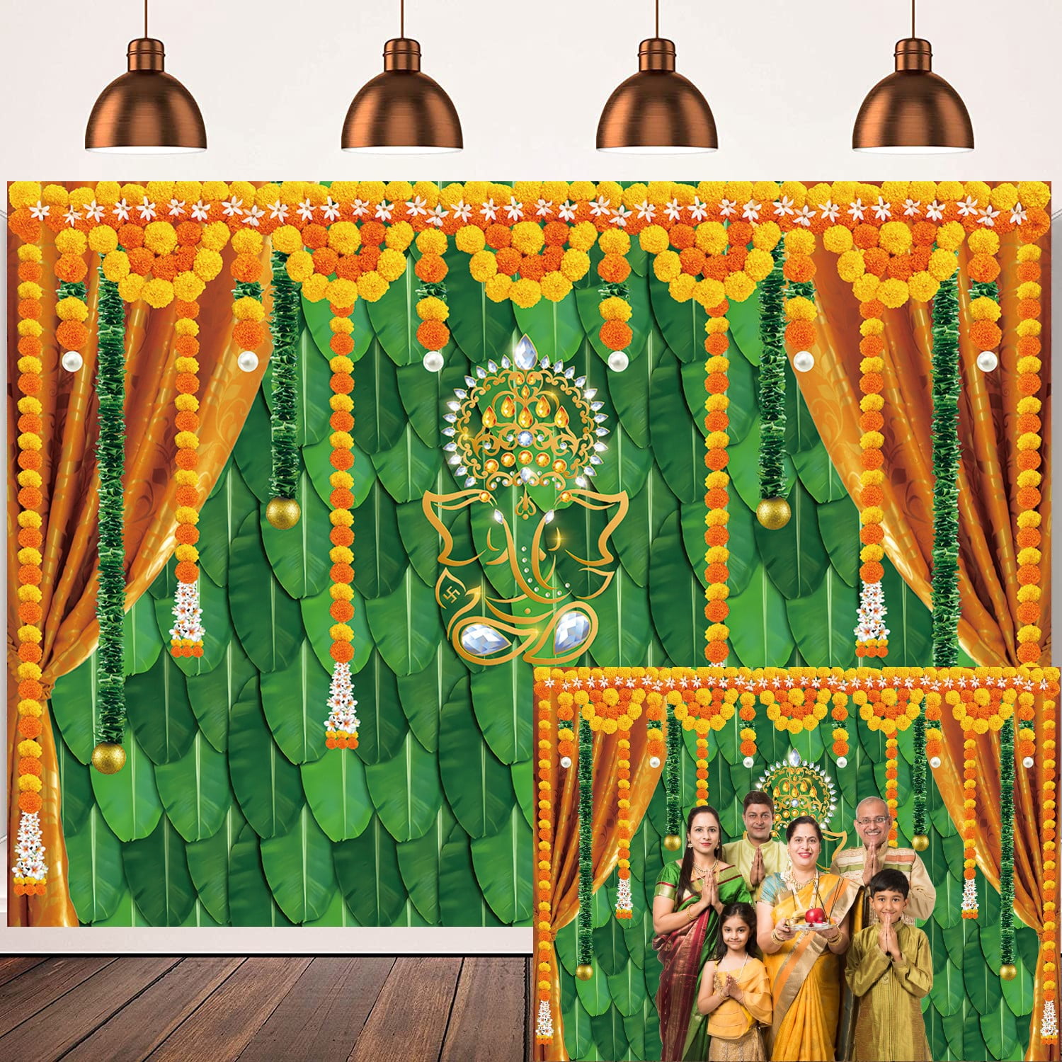Indian Hindu God Backdrop Ram Sita Hanuman Ganesh Marigold Puja Scenery ...