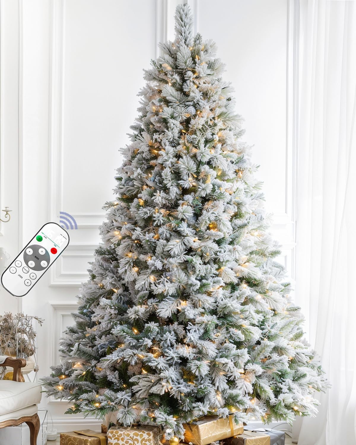 7.5FT Pre-lit Snow Flocked Christmas Tree Spruce with Remote Control ...