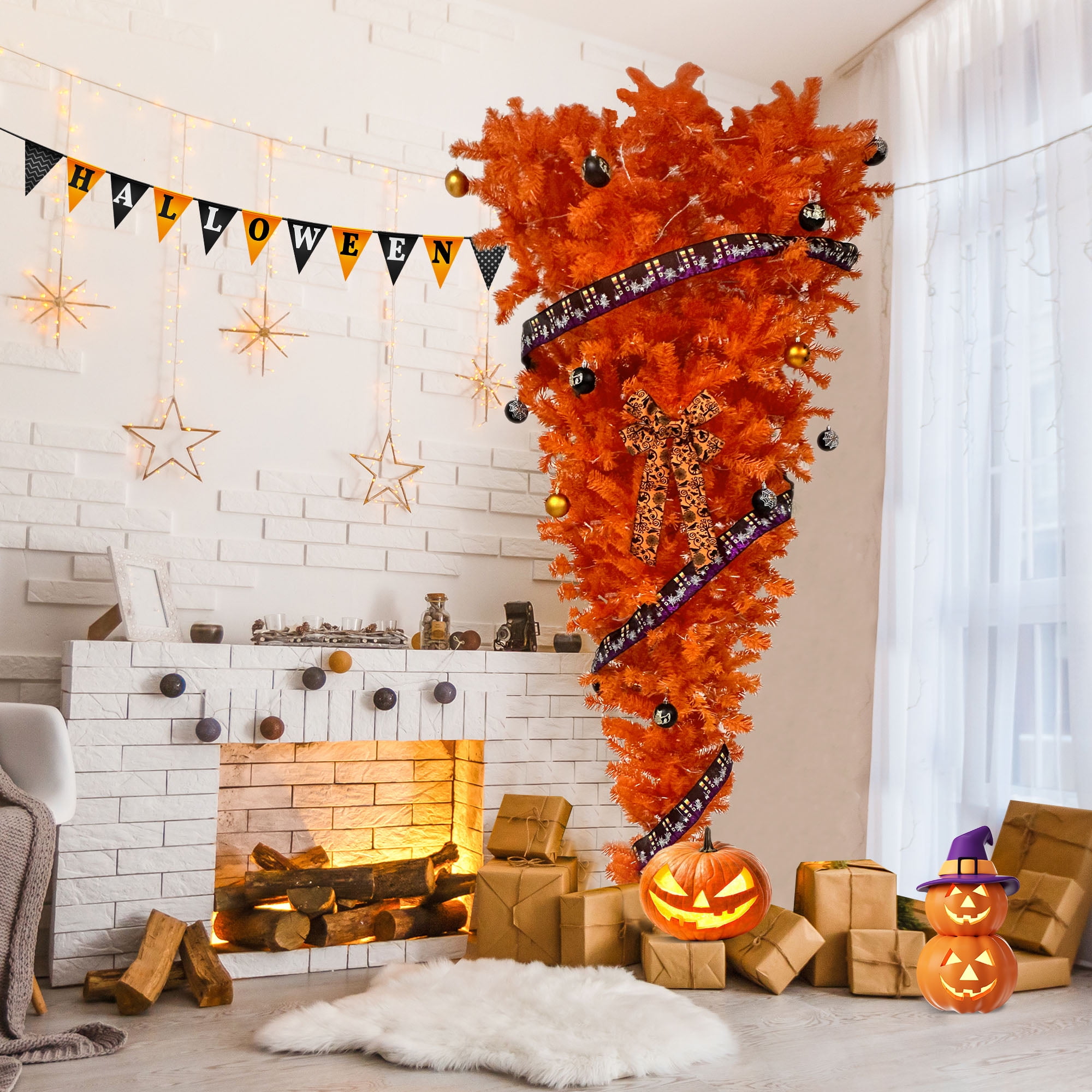 7.5FT Pre-lit Upside Down Christmas Tree, Orange Hinged Spruce Full ...