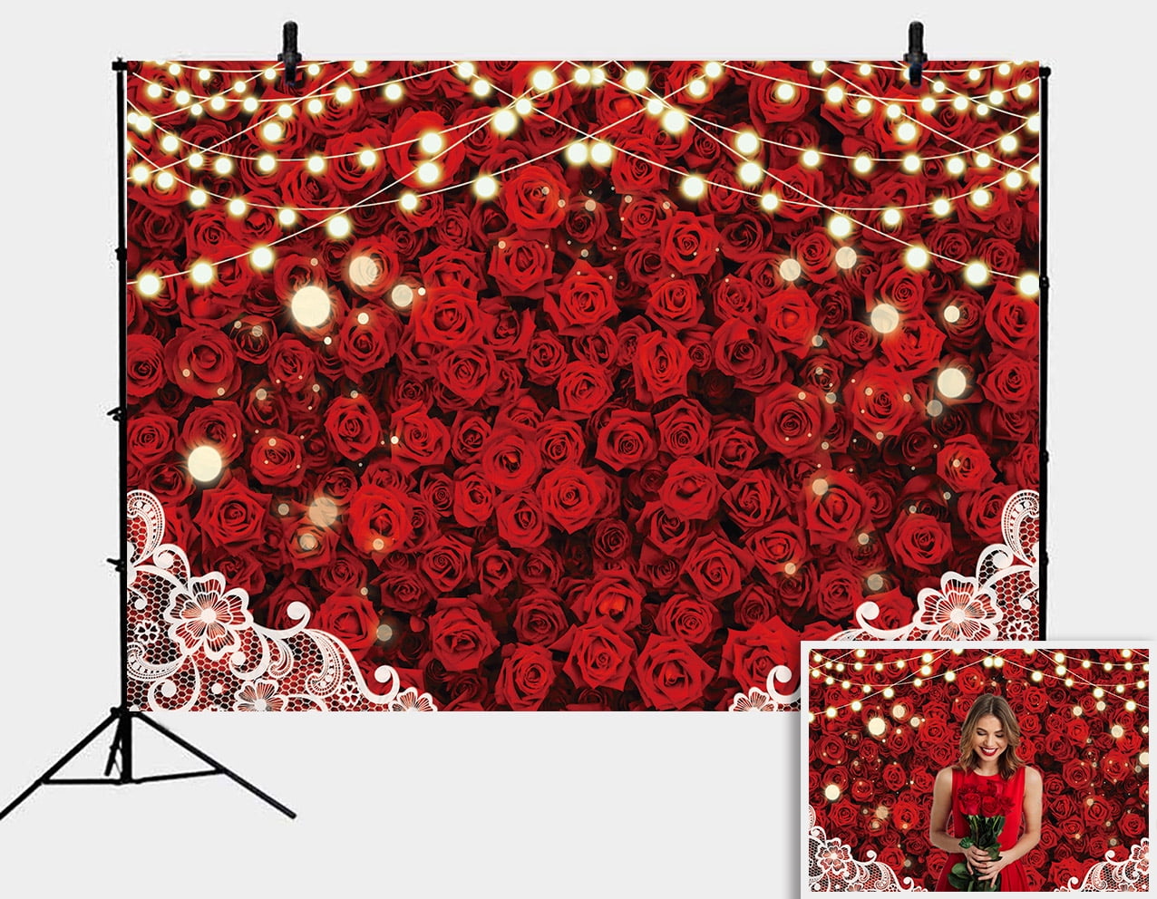 7x5FT Red Rose Backdrop White Lace Flower Background Vinyl for Wedding ...