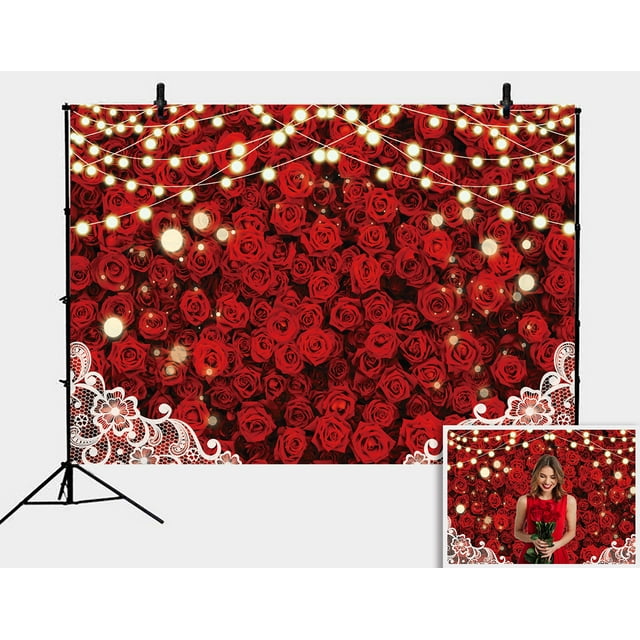 7x5FT Red Rose Backdrop White Lace Flower Background Vinyl for Wedding ...