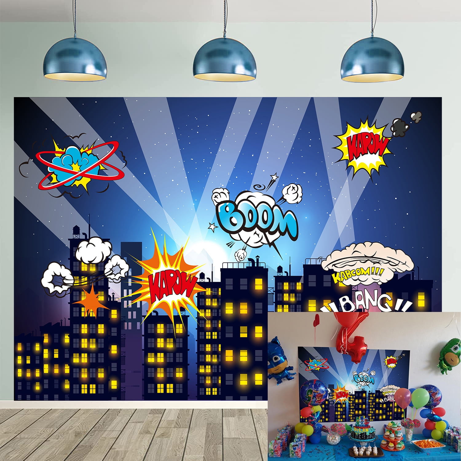 7×5FT Superhero Theme Backdrop Night Scene Comics Style Building ...