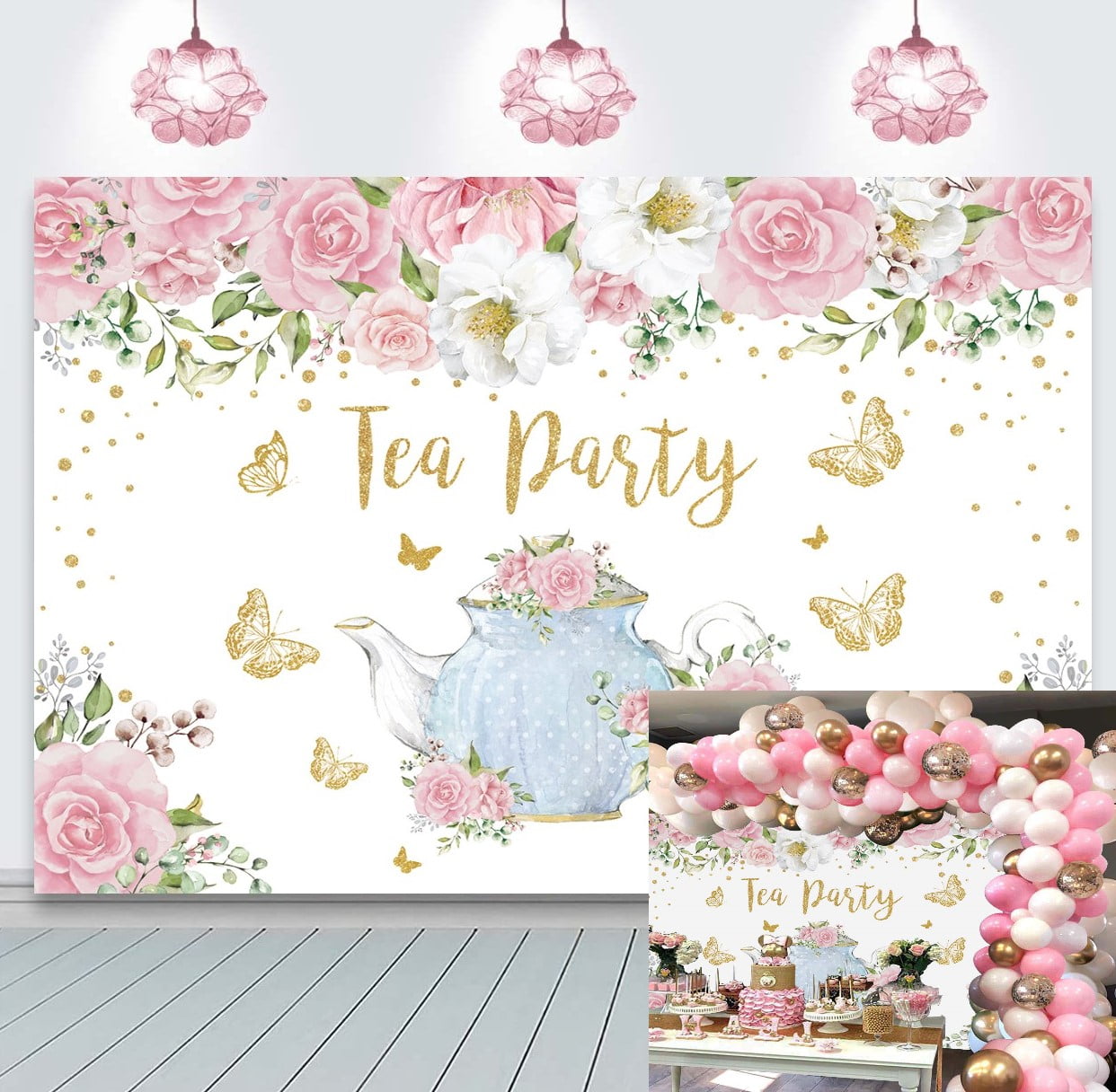 7×5FT Tea Party Backdrop Pink Rose Floral Gold Butterfly Teapot Let's ...