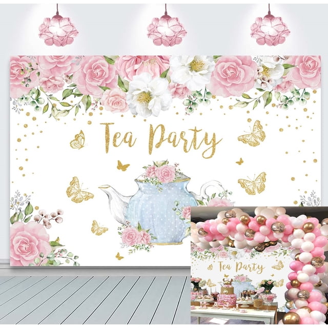 7×5FT Tea Party Backdrop Pink Rose Floral Gold Butterfly Teapot Let's ...