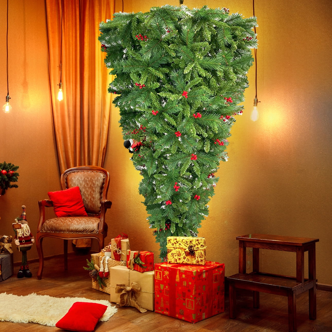 7.5FT Upside Down Christmas Tree Pre-lit Artificial Christmas Pine ...