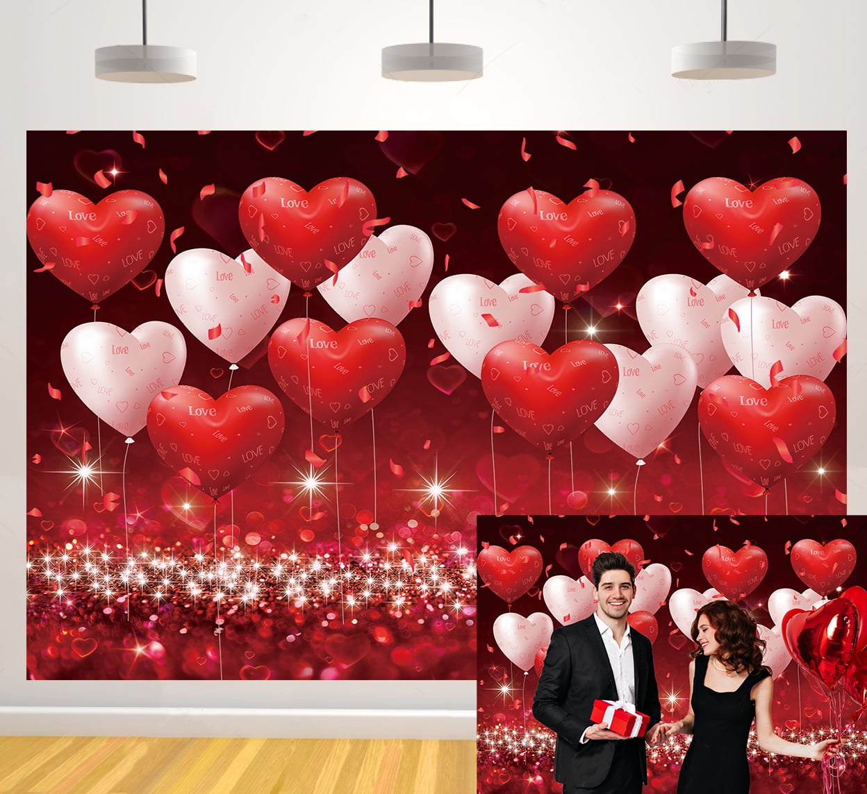7×5FT Valentine's Day Background Valentines Banner Red Hearts Balloons ...