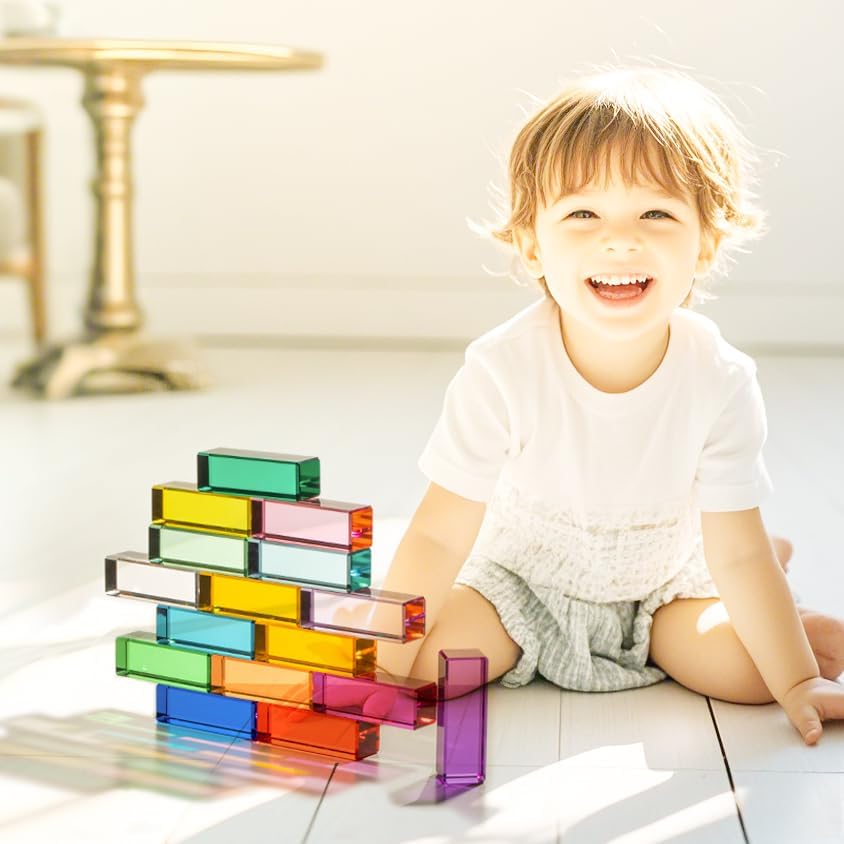 7.5cm Rainbow Crystal Acrylic Strip Blocks,Rectangle Stacking Gem Blocks for Kids 16 Colors Gem ...