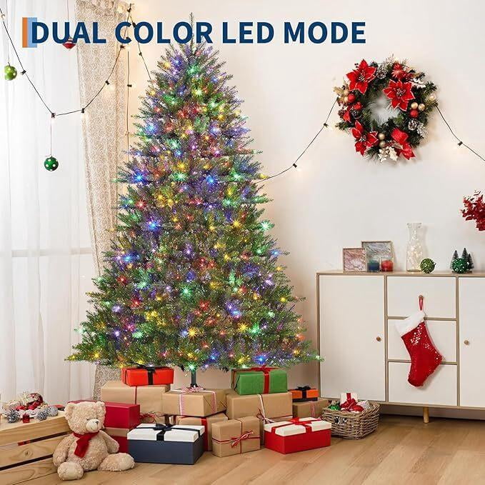7.5ft Artificial Christmas Tree Prelit, 600 Dual-Color LED Lights ...