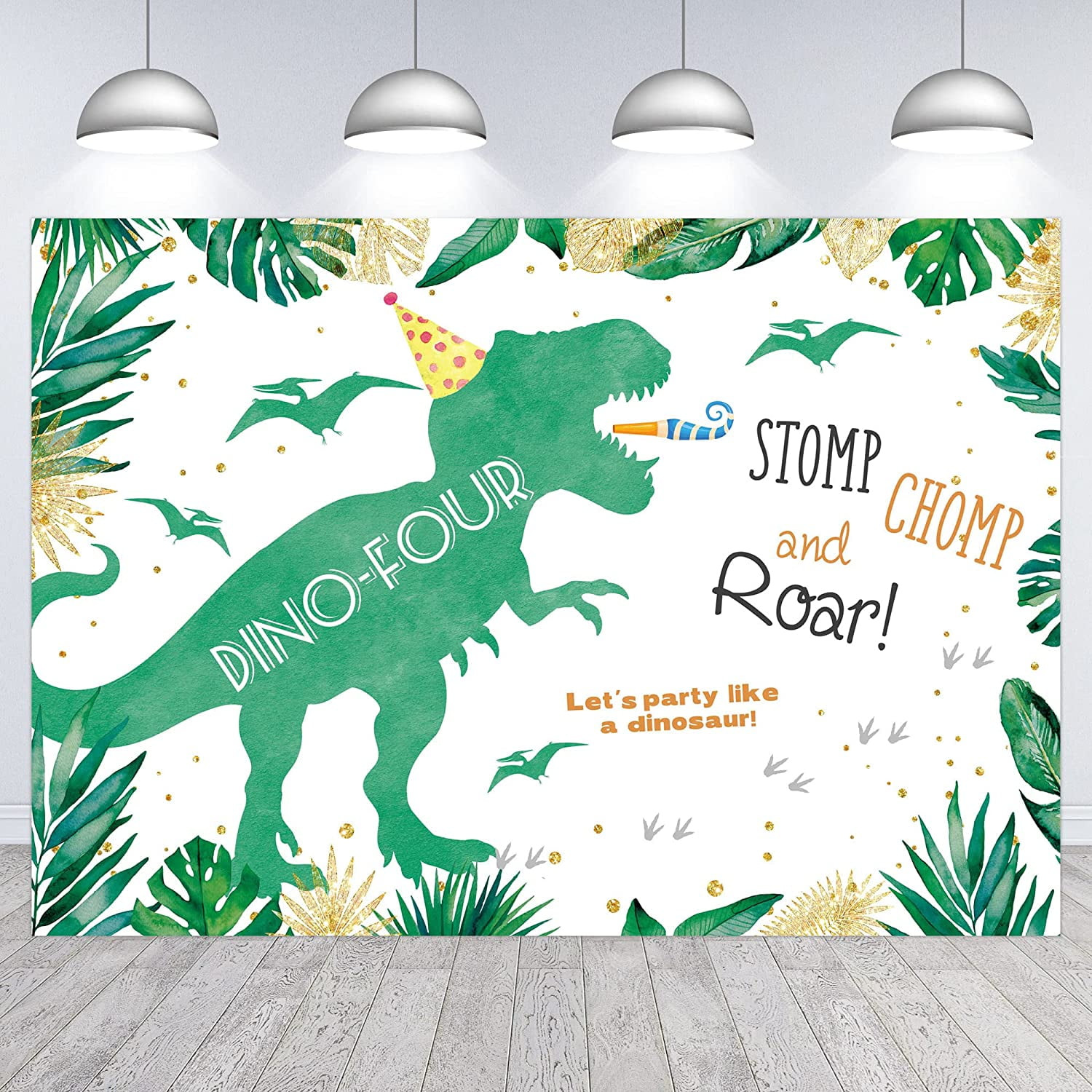 7×5ft Dinosaur 4th Birthday Backdrop Kids Dino-Four Party Decorations Green Leaf Stomp Chomp ...