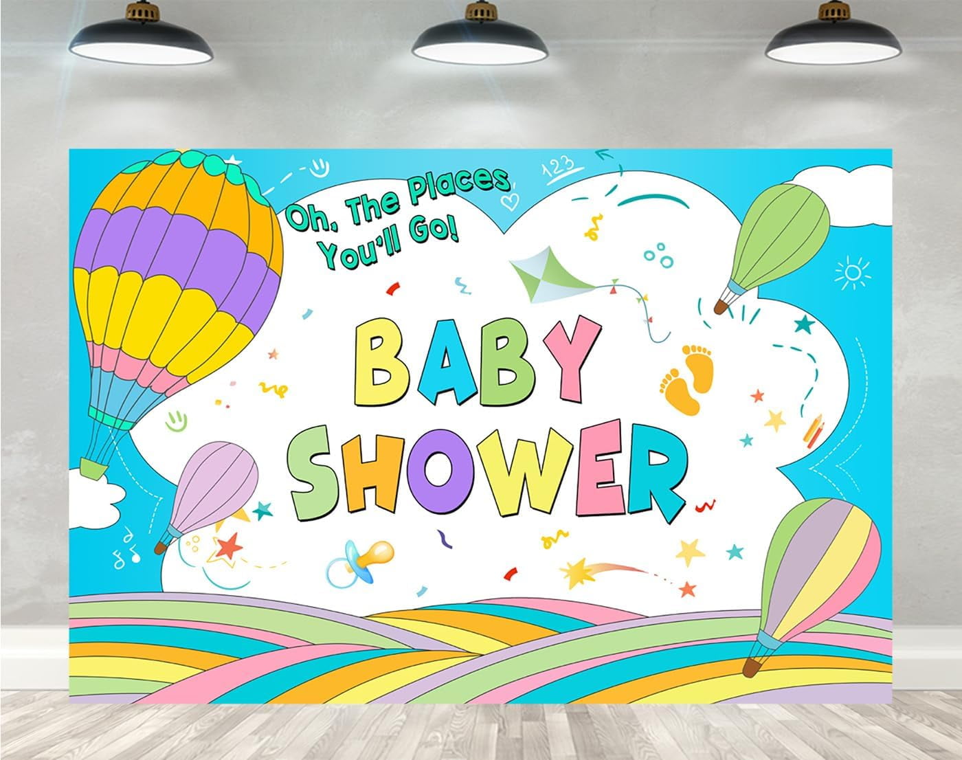 7×5ft Oh The Places You'll Go Backdrop Colorful Baby Shower Banner Blue Sky Clouds Photography ...