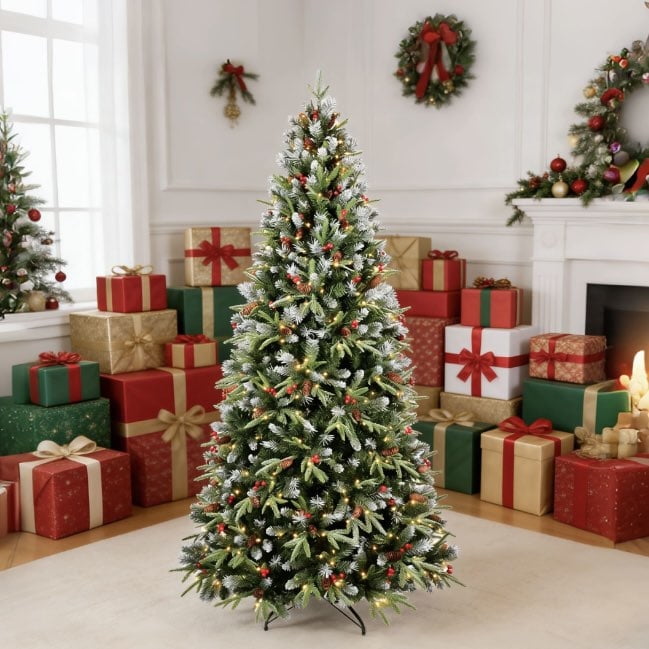 7.5ft PE/PVC green+white Christmas Tree with red fruit+83pcs pine cone ...