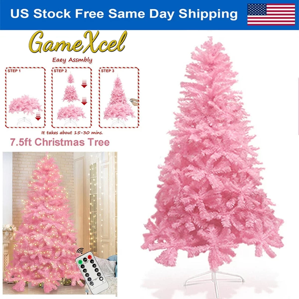 7.5ft Pink Artificial Christmas Tree with USB Lights, 1000 Branch Tips ...