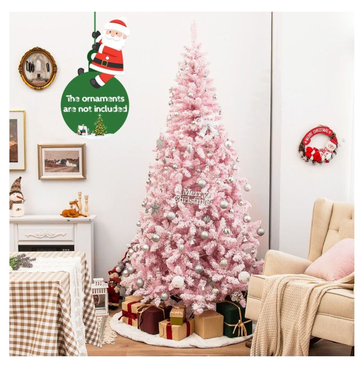 7.5ft Pink Flocked Christmas Tree, Pre-Lit with 450 Warm White Lights ...