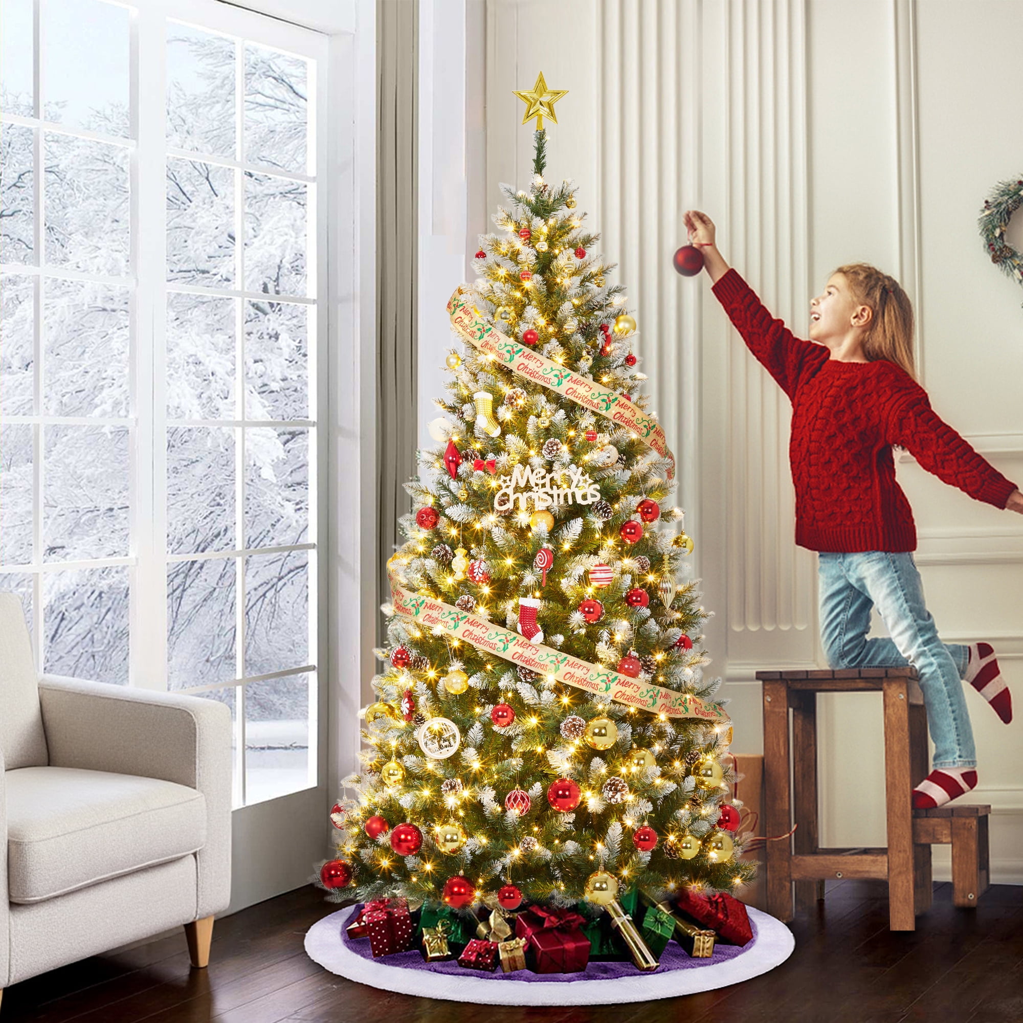 7.5ft Pre-Lit Artificial Christmas Tree with 550 LED Lights, 1042 ...