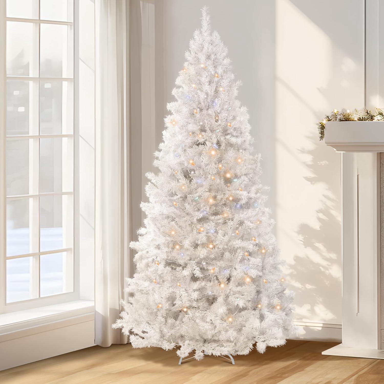7.5ft Pre-Lit Christmas Tree, White Artificial Full Spruce Christmas ...