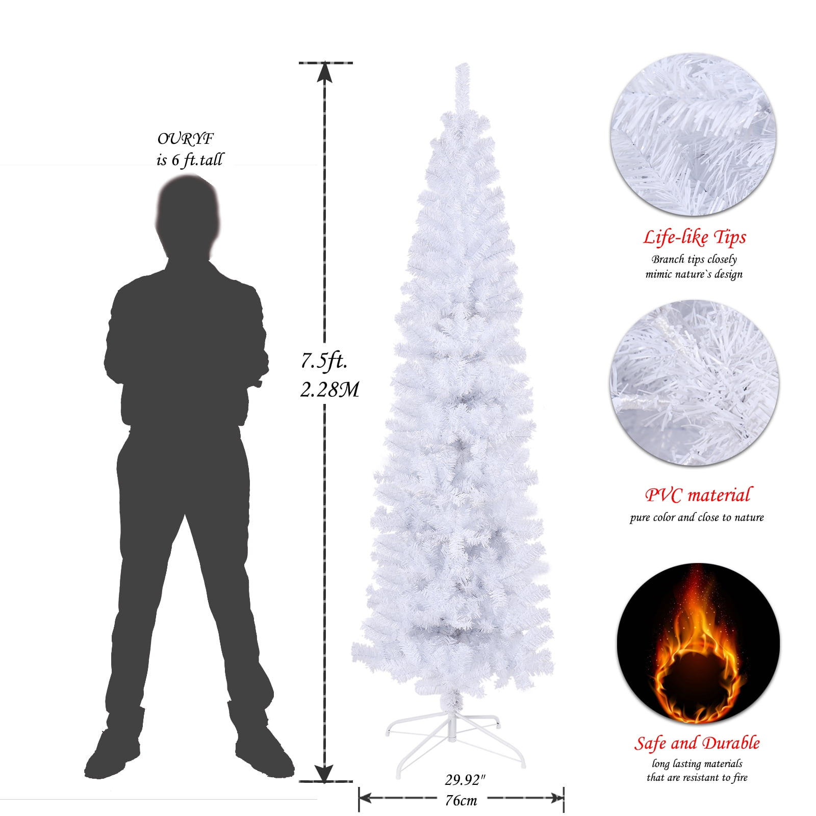 7.5ft Pre-Lit White Christmas Tree, Optical Fiber Artificial Tree 1000 ...