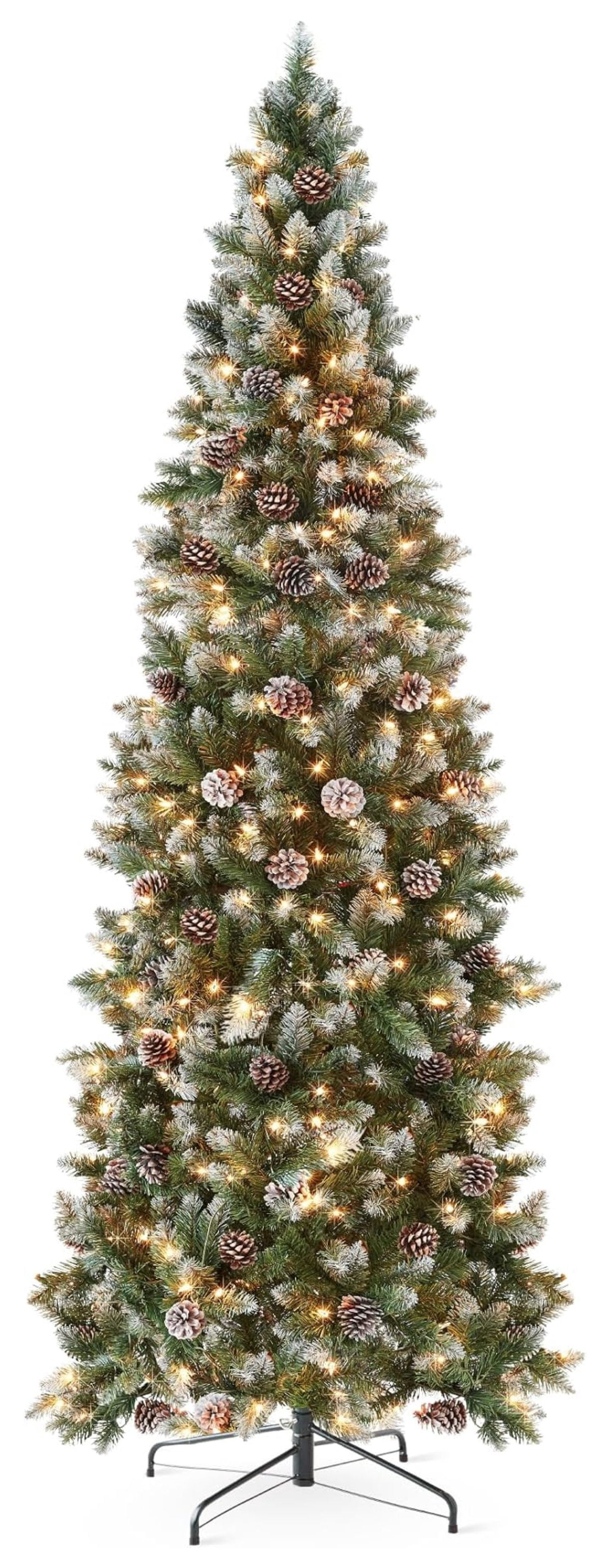 7.5ft Pre-lit Pencil Christmas Tree, Partially Flocked & Frosted Slim ...
