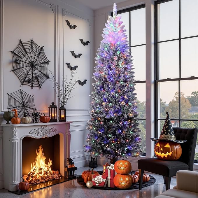 7.5ft Pre-lit Snow Flocked Pencil Christmas Tree Fir Hinged Slim Corner ...