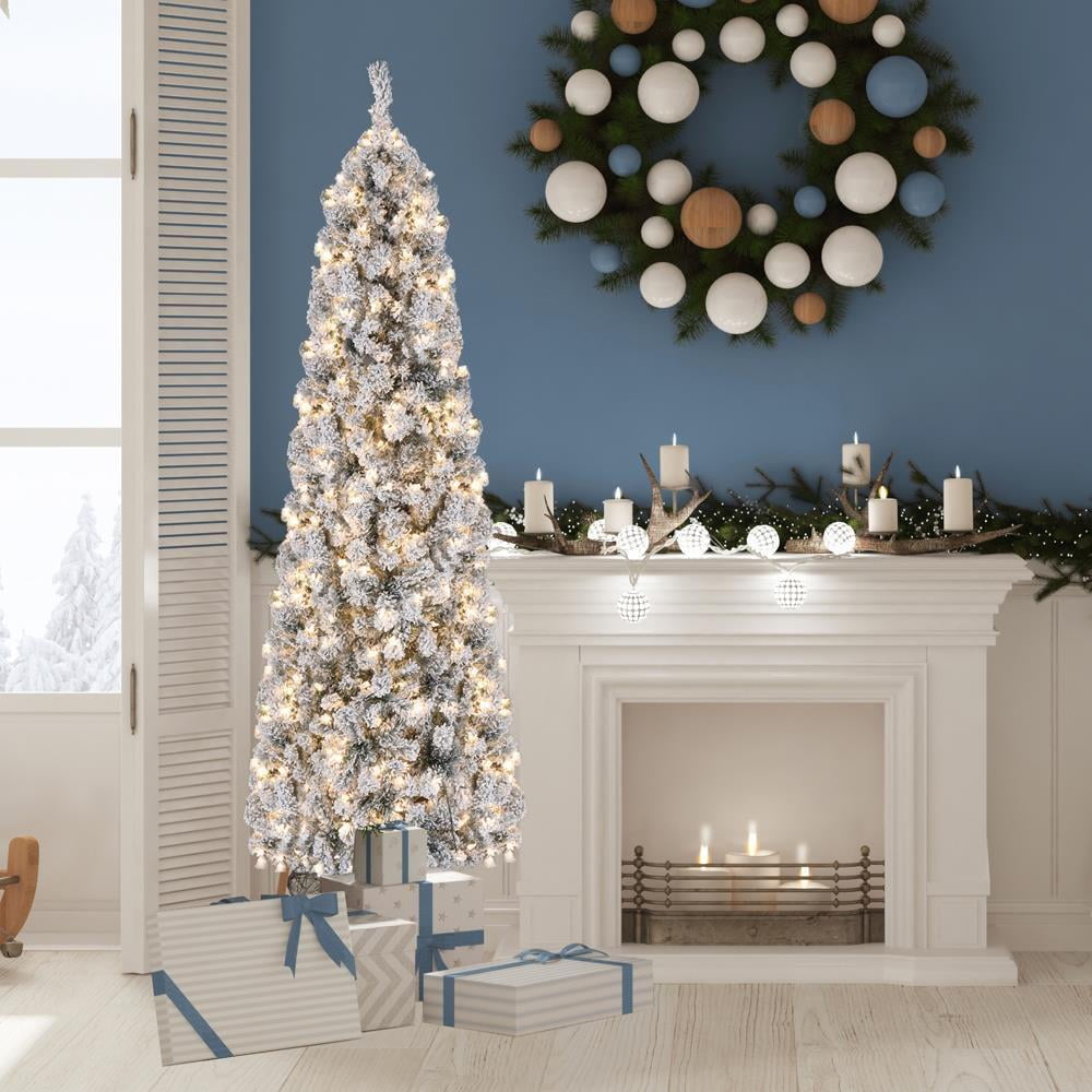 7.5ft Pre-lit Snow Flocked Pencil Christmas Tree Kingswood Fir Hinged Slim Skinny Corner Xmas ...
