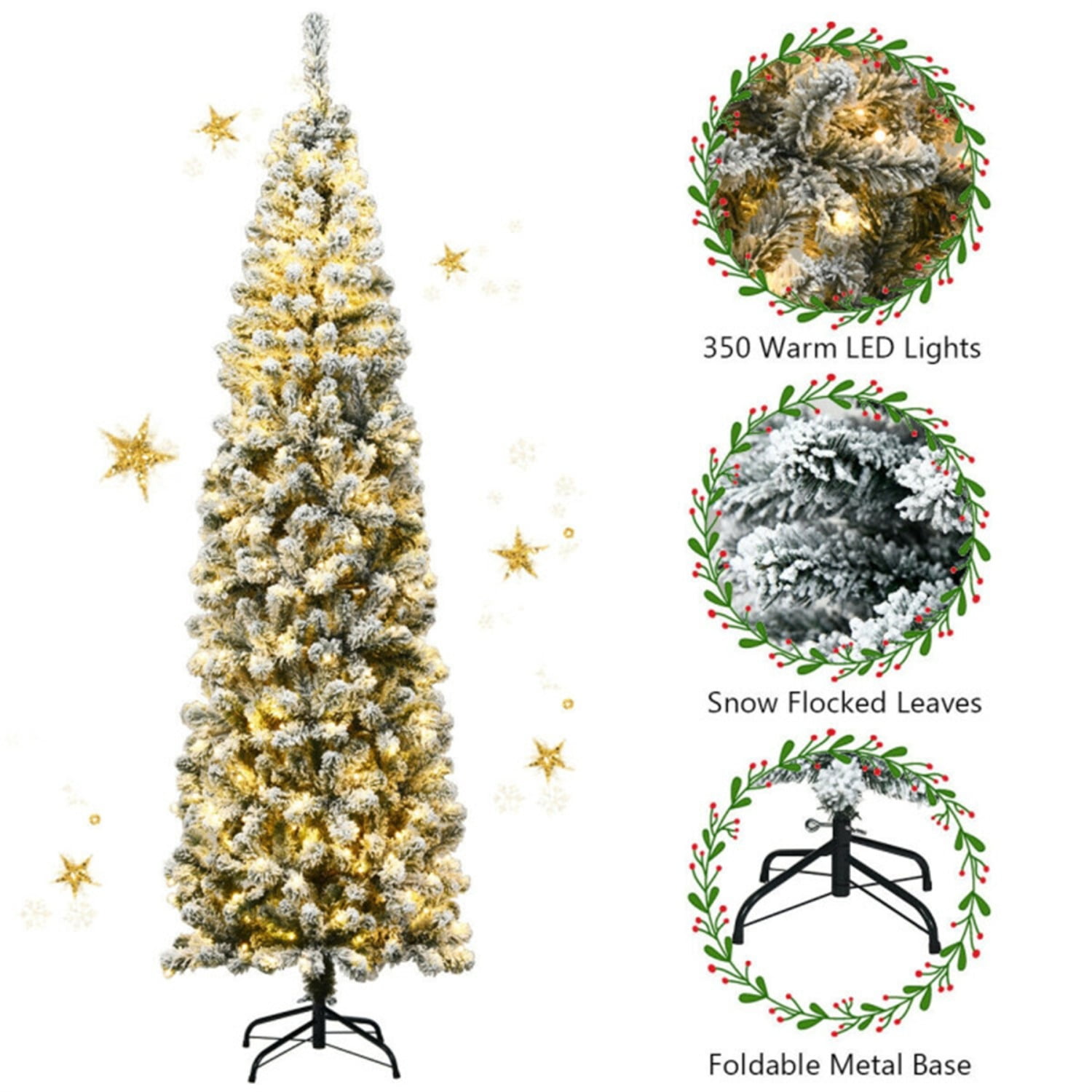 7.5ft Snow Flocked Pencil Christmas Tree - 641 Branch Tips, 350 Warm ...