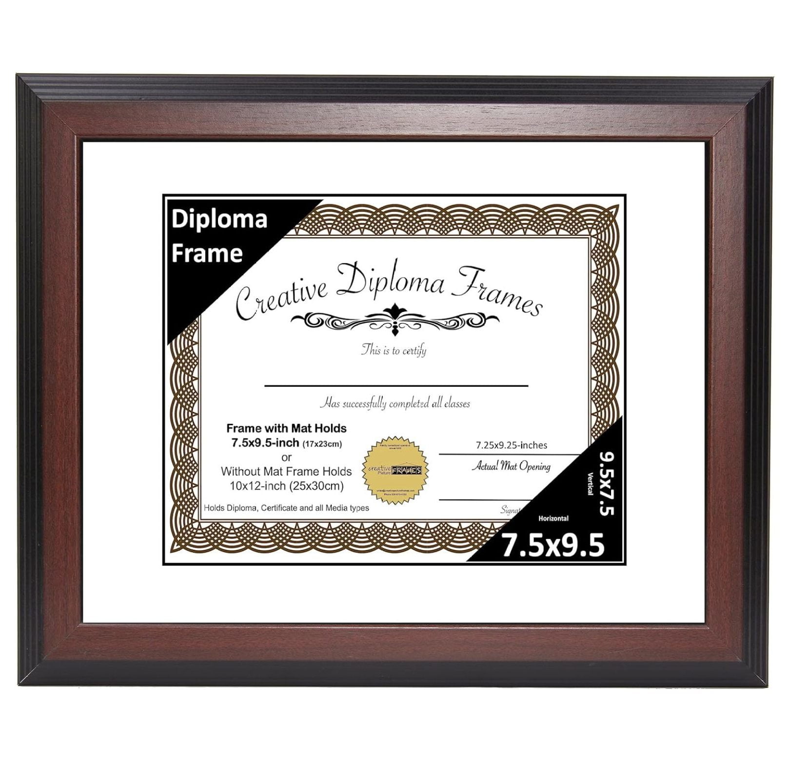 7.5x9.5 Mahogany Finish Diploma Frame with White Matting Holds 7.5 by 9 ...