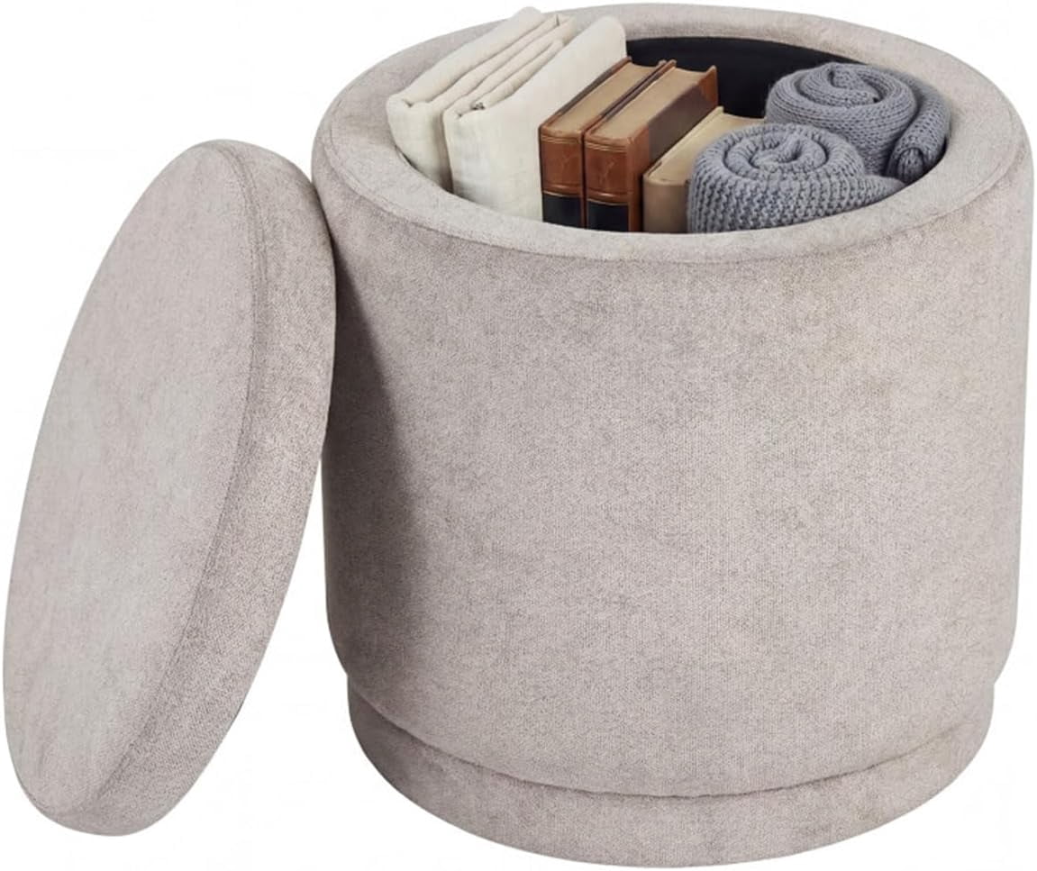 7.7 Gallon Round Storage Ottoman Foot Rest with Acacia Wood Frame ...