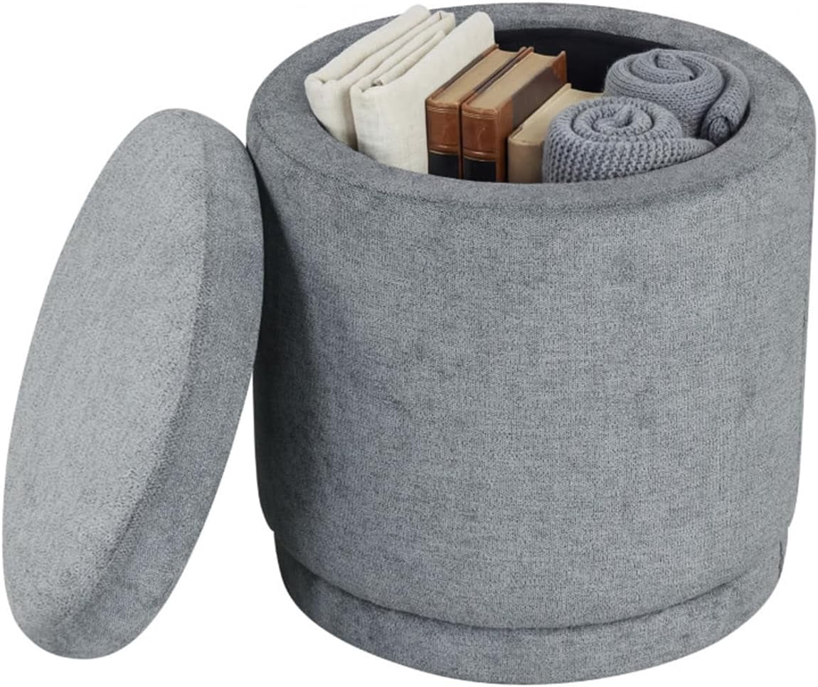 7.7 Gallon Round Storage Ottoman Foot Rest with Acacia Wood Frame ...