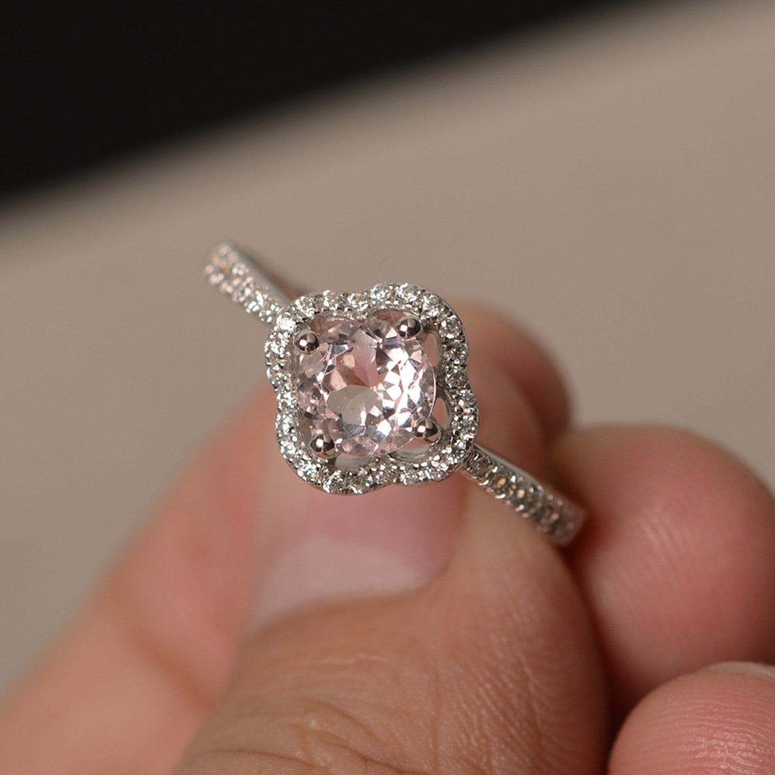7*7 mm Morganite Rings Engagement Ring Pink Gemstone Ring Halo Rings ...