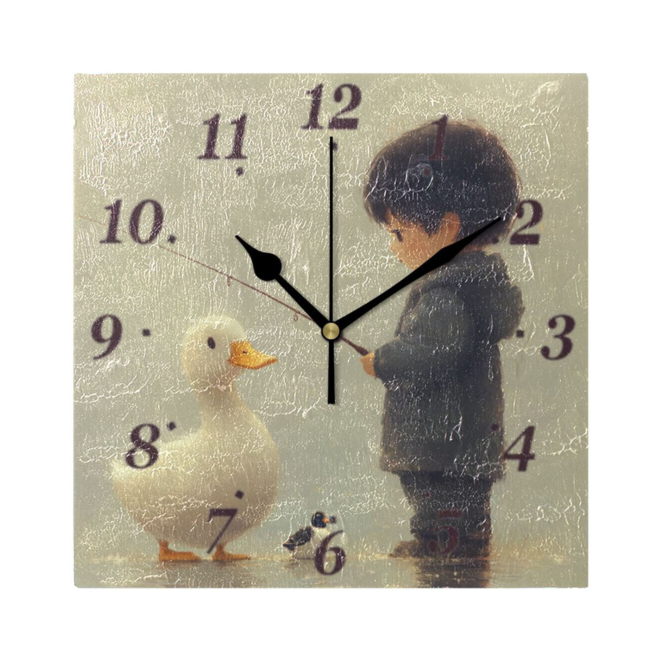 Boy and Duck Wall Clock Square Clock Decoration Creative Clock Dual Use ...