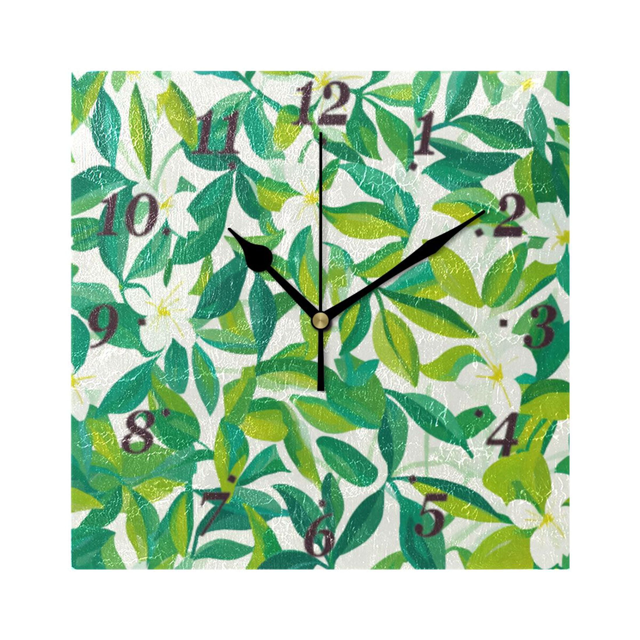 Green Leafy and Flowers Wall Clock Square Clock Decoration Creative ...
