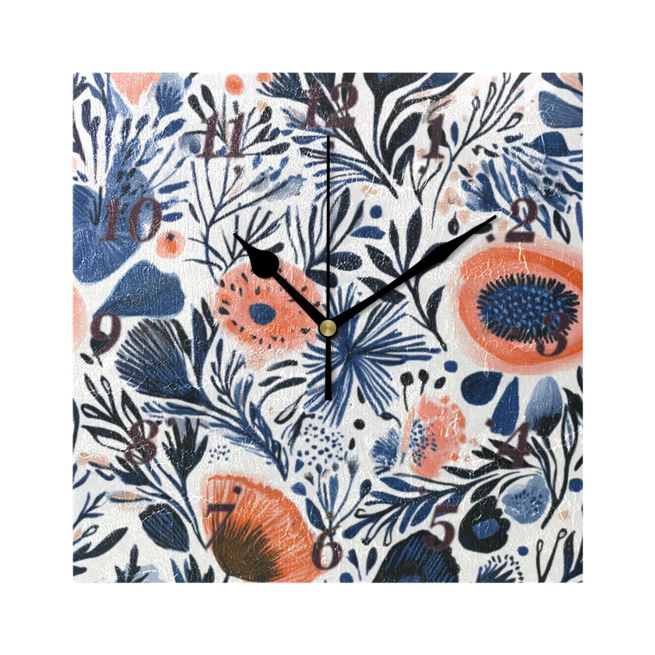 Navy Blue Floral Pattern Wall Clock Square Clock Decoration Creative ...