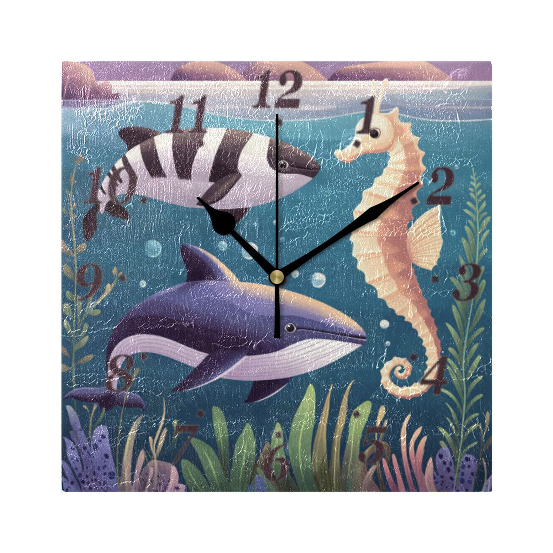 Seahorse and Fish Wall Clock Square Clock Decoration Creative Clock ...